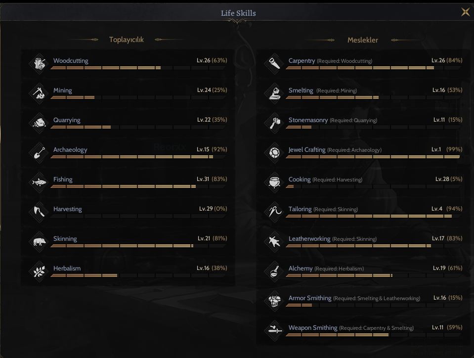 Toplama ve craft charı 85 lvl Rogue 28 cooking 16 armor - Klasgame.com